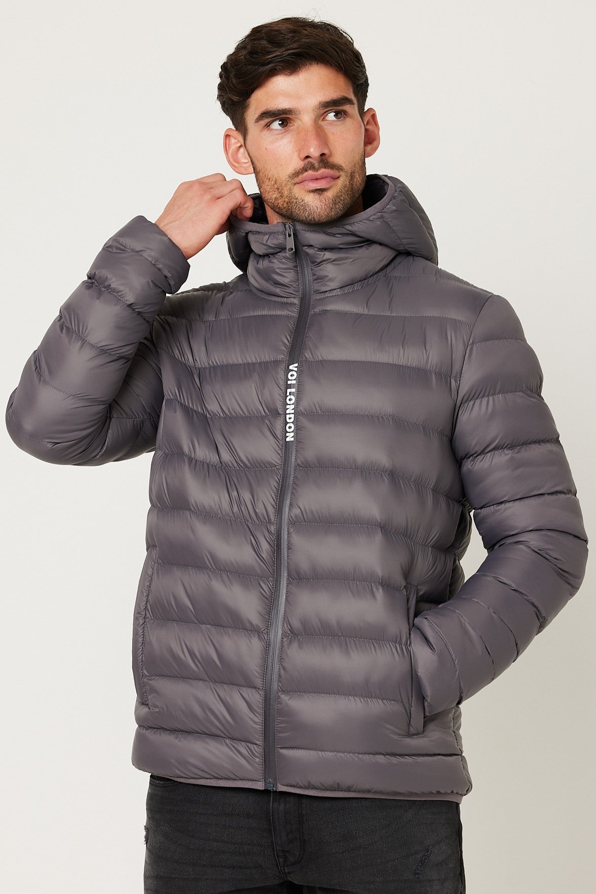 Mens Puffer Jacket Zipped Pockets Hooded Winter Coat In Grey – Voi London