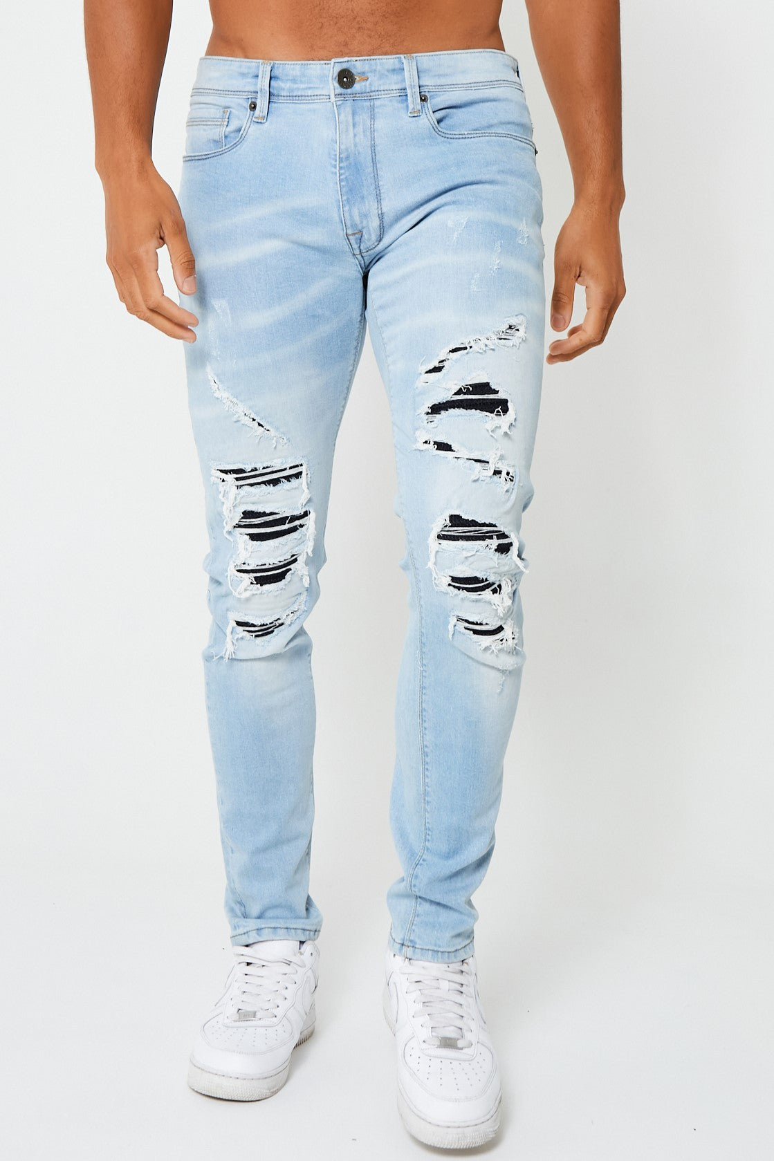 Mens Tapered Jeans, Slashed Distressed Rip & Repair Stretch Denim, In ...