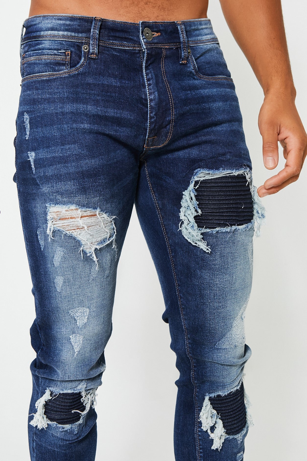 Mens Tapered Jeans, Distressed Rip & Repair Stretch Denim, In Dark Blue ...