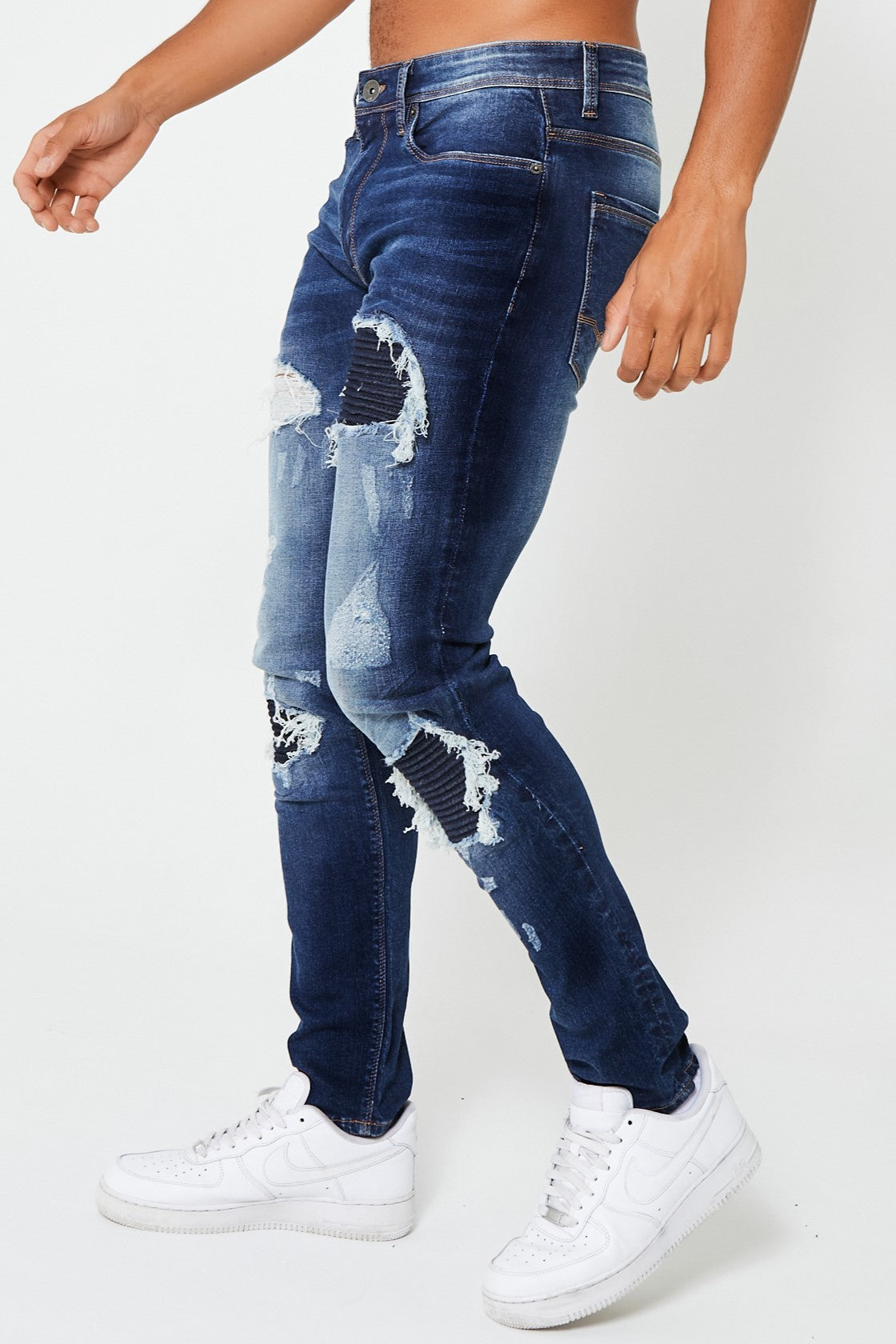 Mens Tapered Jeans, Distressed Rip & Repair Stretch Denim, In Dark Blue ...