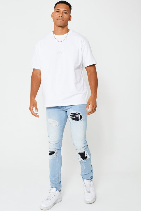 Mens Tapered Jeans, Distressed Rip & Repair Stretch Denim, In Ice Blue ...