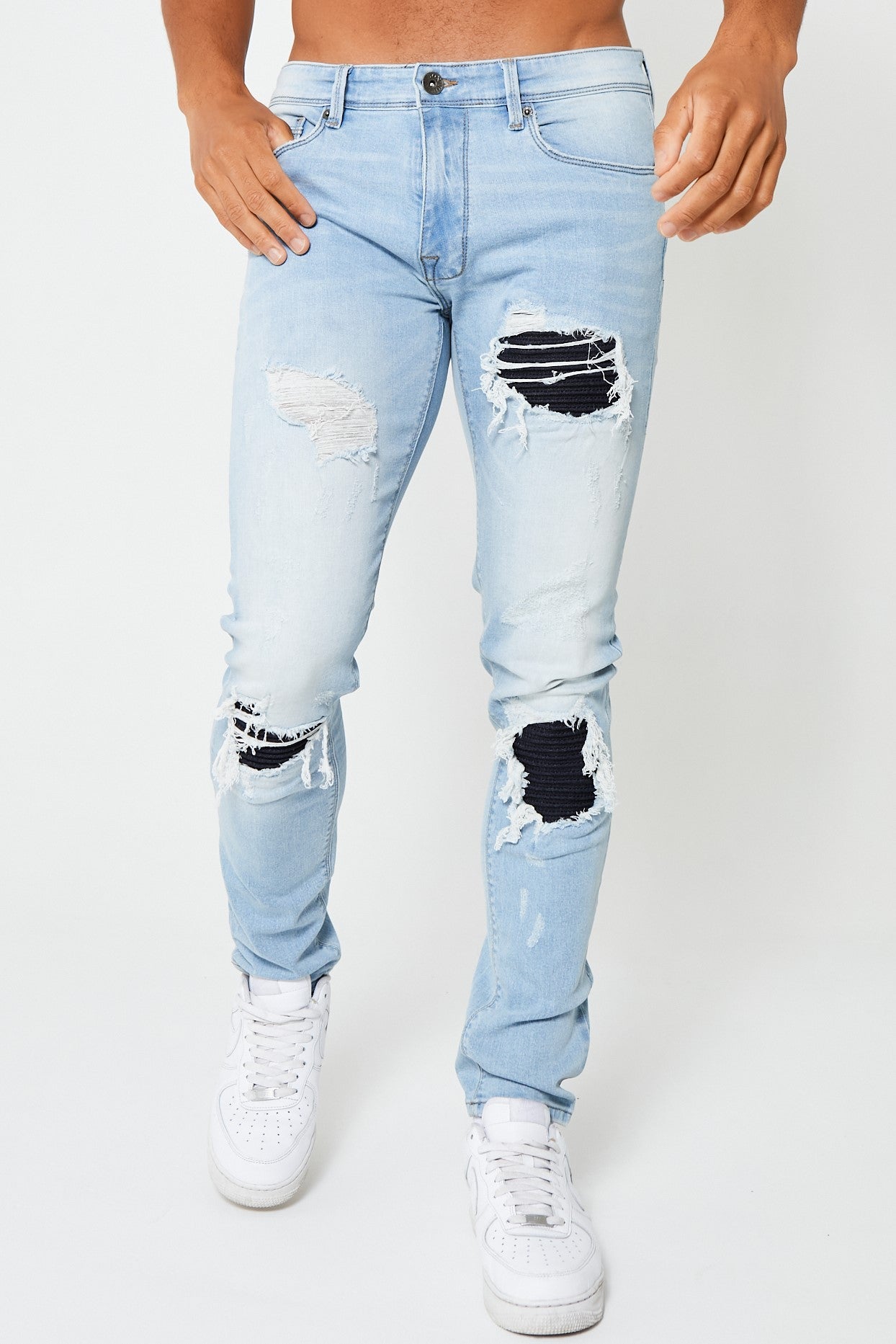 Mens Tapered Jeans, Distressed Rip & Repair Stretch Denim, In Ice Blue ...