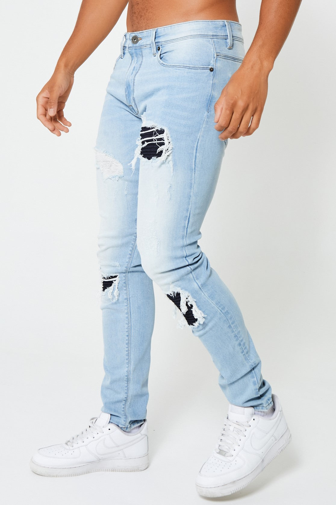 Mens Tapered Jeans, Distressed Rip & Repair Stretch Denim, In Ice Blue ...