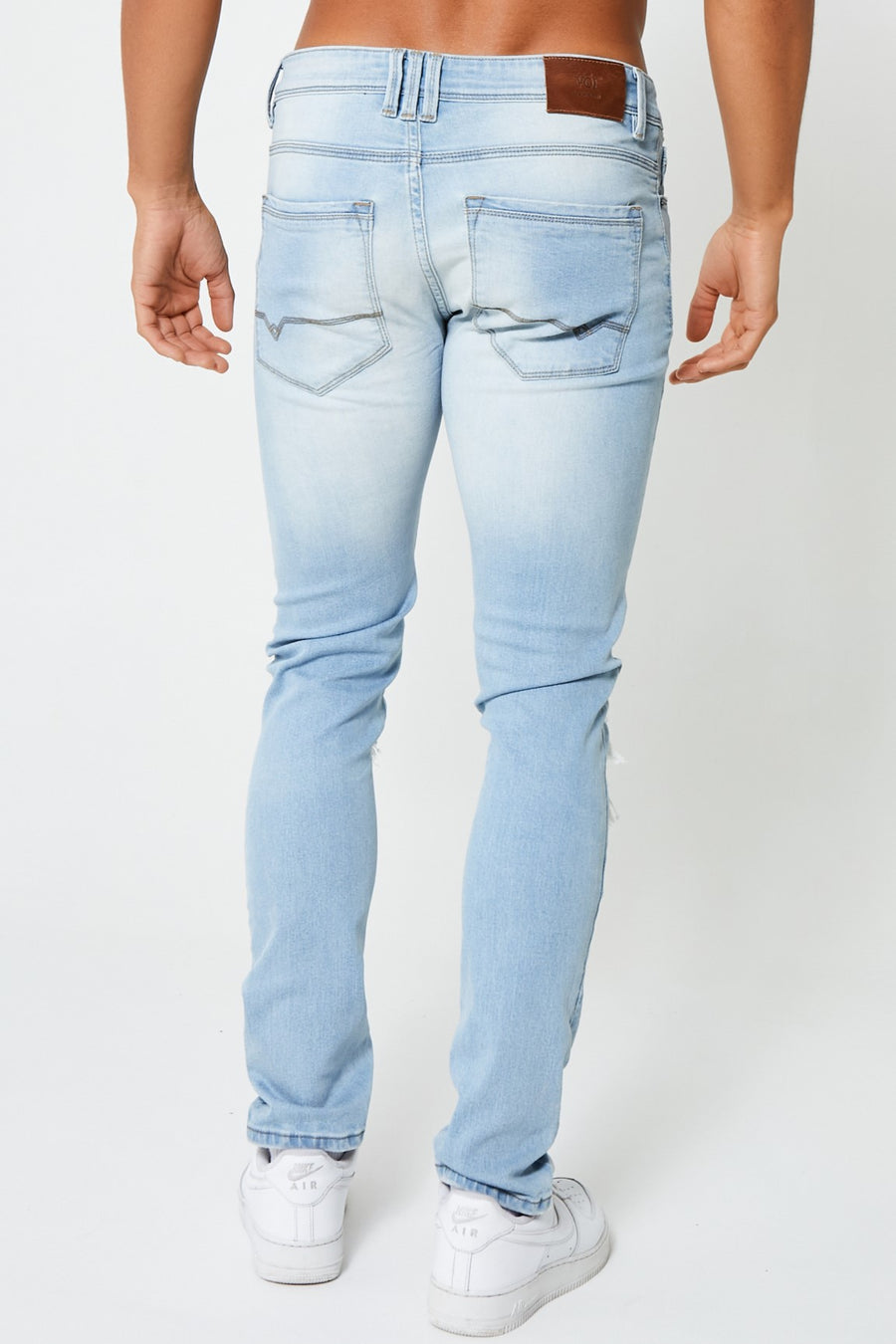Mens Tapered Jeans, Distressed Rip & Repair Stretch Denim, In Ice Blue ...