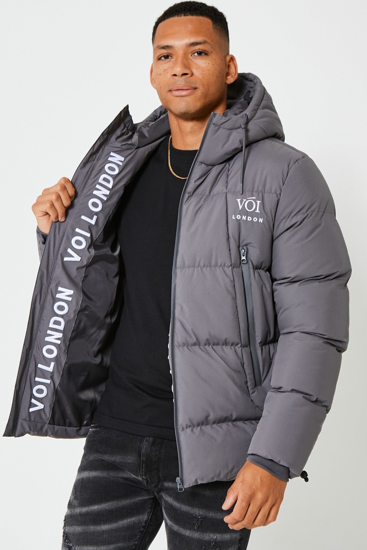 Mens Dark Grey Puffer Jacket Zipped Pockets Hooded Winter Coat – Voi London